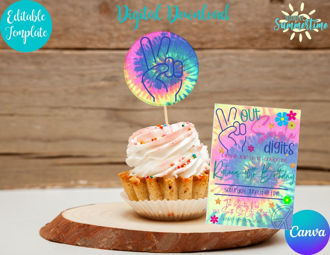 Editable Peace Out Birthday Bundle Invitation and Cupcake Toppers, Tie ...