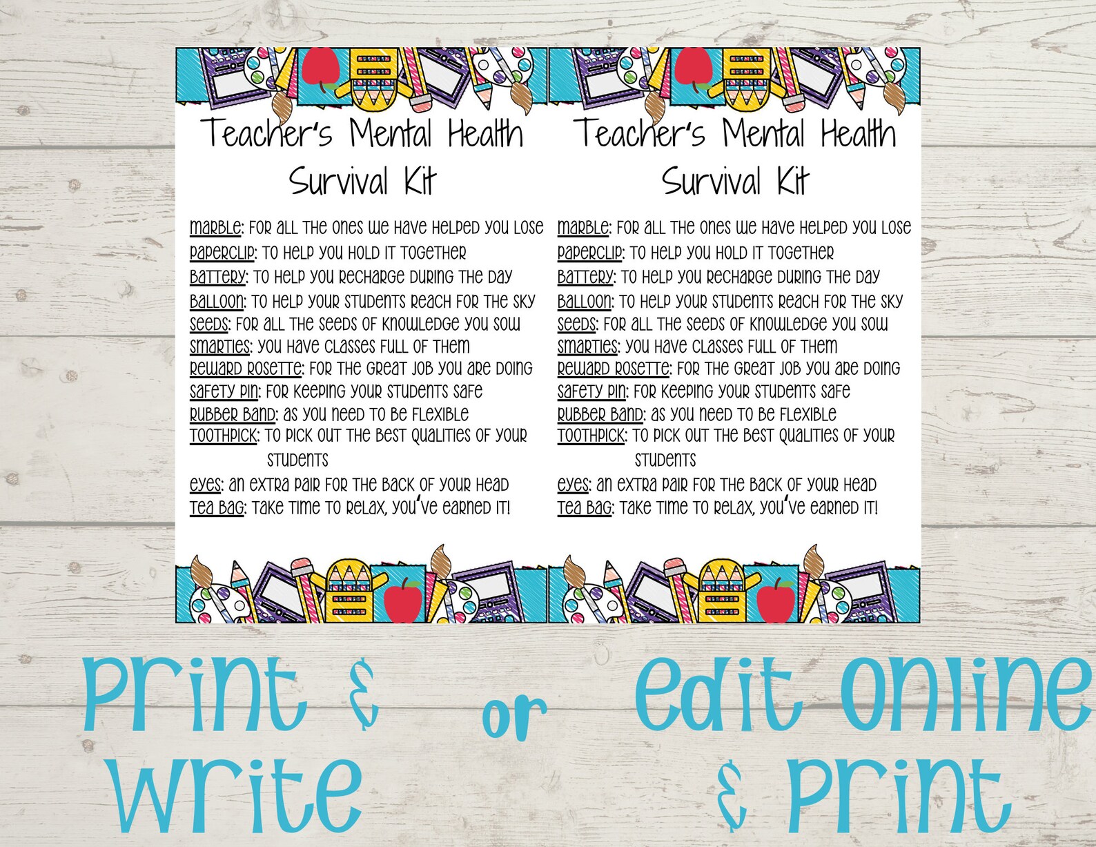 Editable Teacher Mental Survival Kit Tag , Teacher Appreciation ...