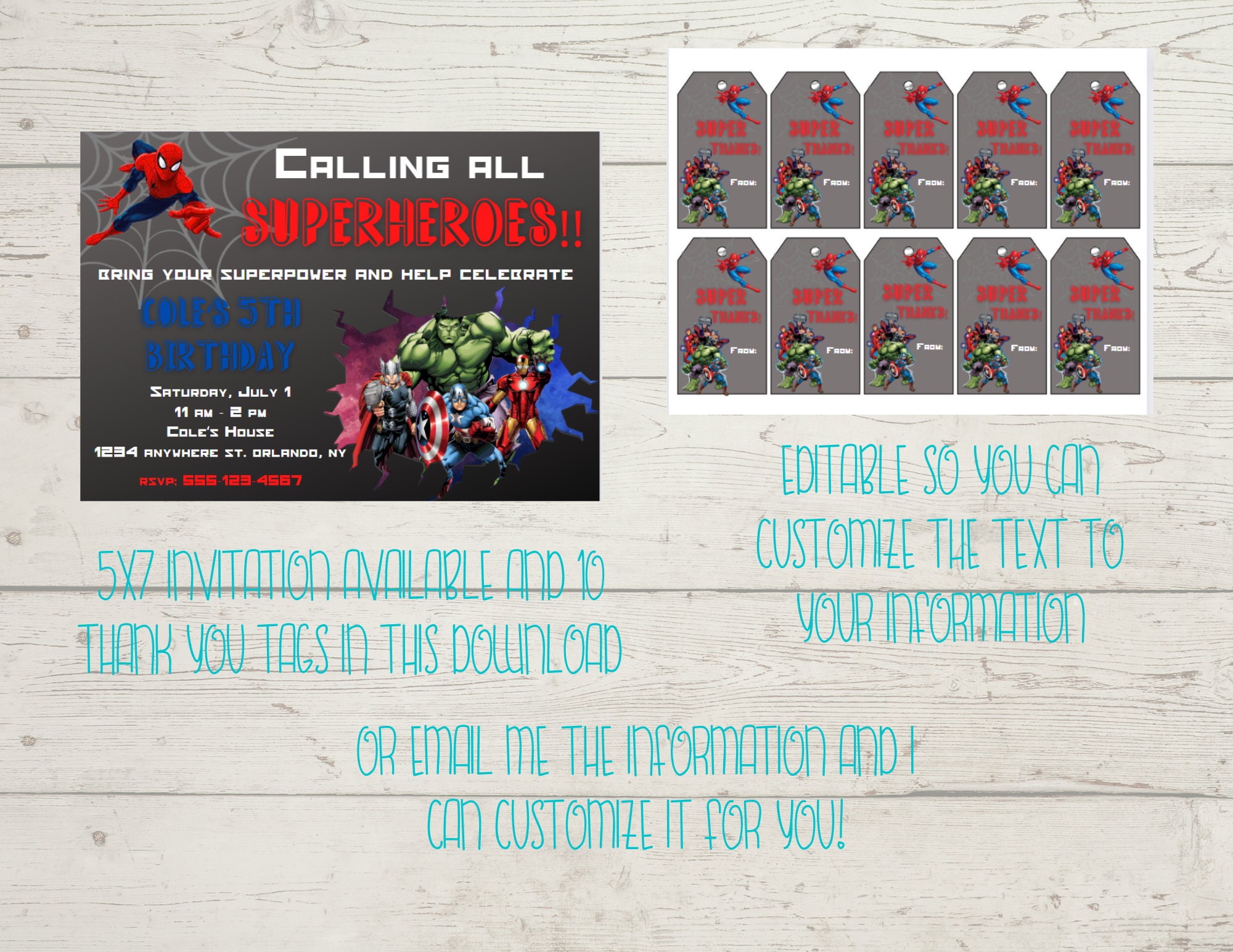 Editable Marvel Birthday Bundle With Invitation and Thank You Tag ...