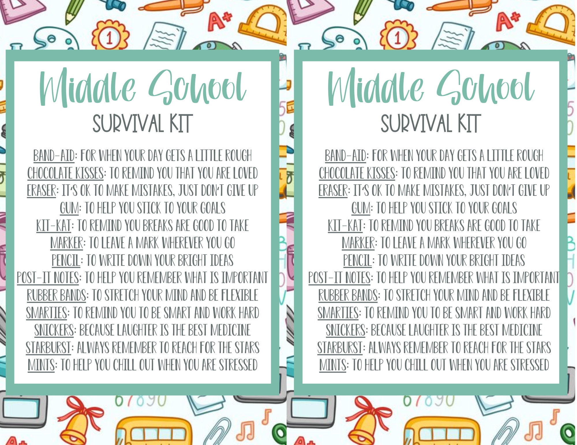 Editable Middle School Survival Kit Tag , Printable Digital Gift Tag ...