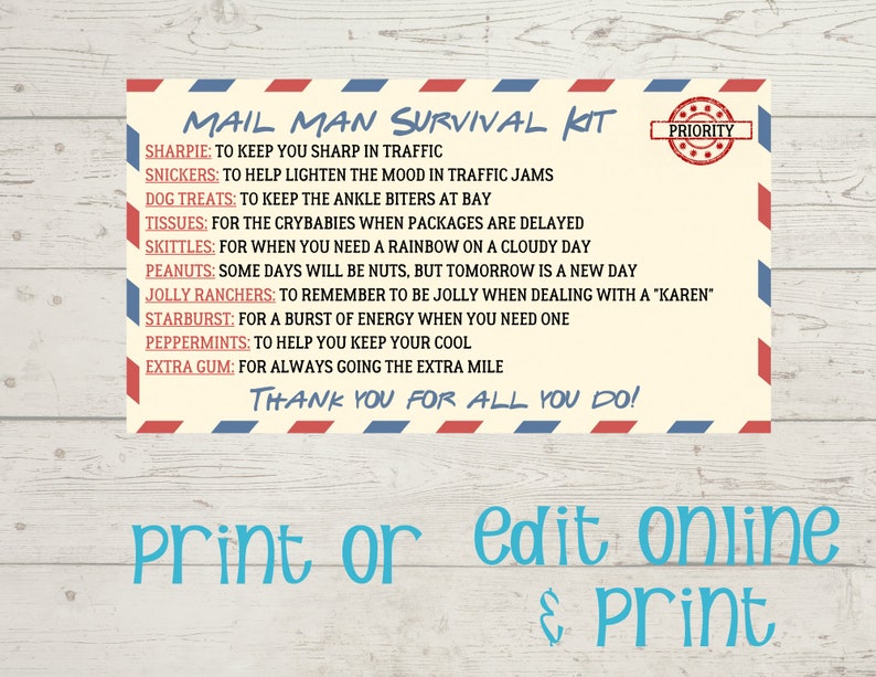 Editable Mail Man Survival Kit Tag , Delivery Person Gift , Candy ...