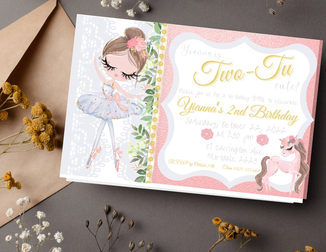 Editable Two-tu Cute Birthday Party Invitation, Two-tu Cute Invitation ...