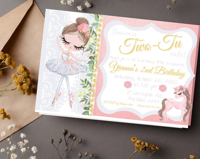 Editable Two-tu Cute Birthday Party Invitation, Two-tu Cute Invitation ...