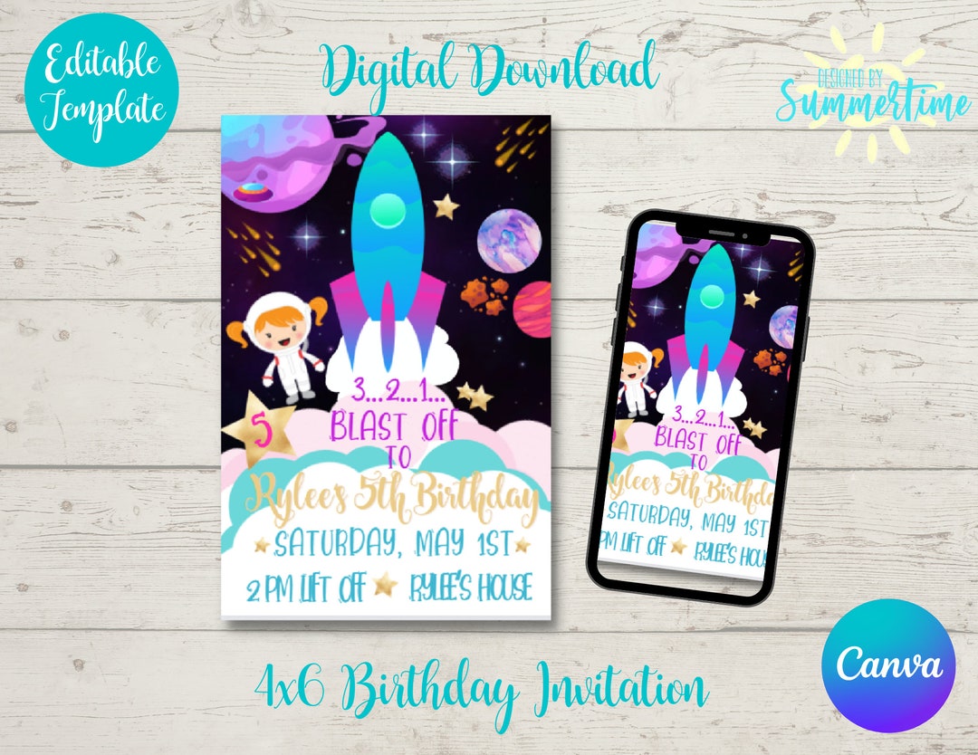 Editable Space Birthday Invitation, Girl Space Birthday Theme Party ...