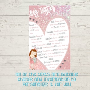 Editable Big Sister Survival Kit Tag , Big Sister , Sibling Survival ...