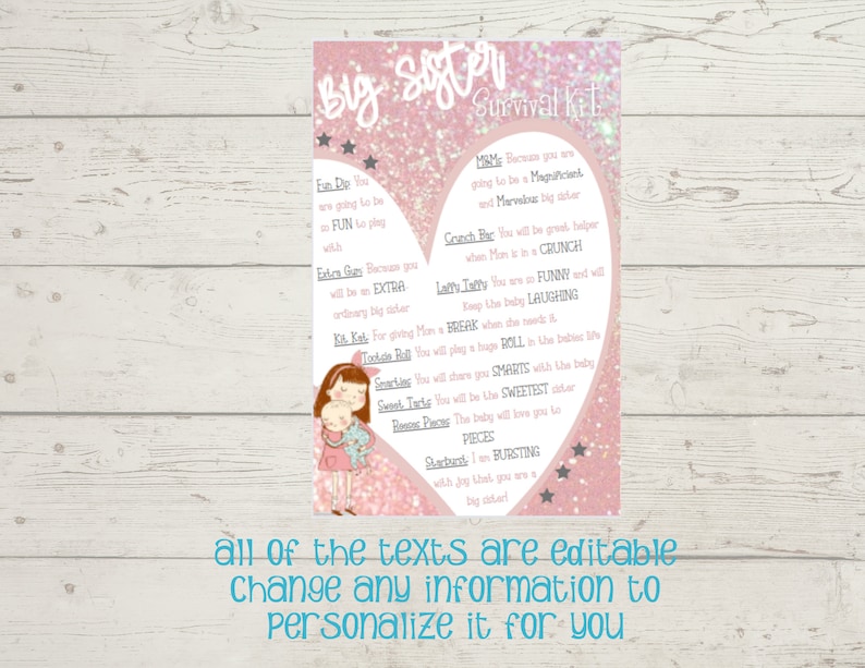 Editable Big Sister Survival Kit Tag , Big Sister , Sibling Survival ...
