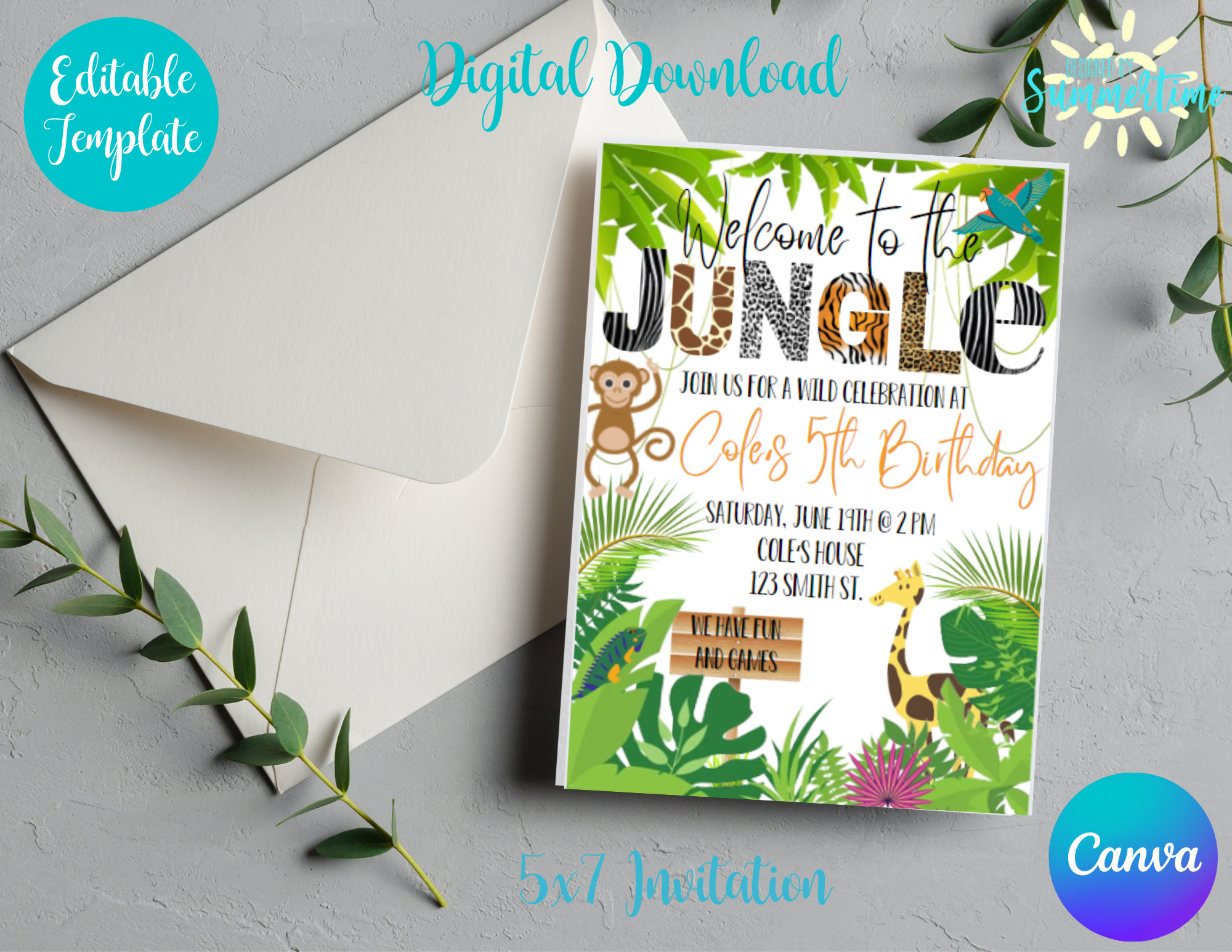 Editable Jungle Safari Digital Birthday Invitation, Jungle Safari Theme ...
