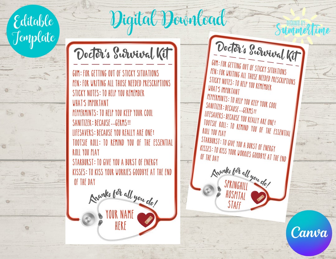 Editable Doctor Survival Kit Tag , Doctor Appreciation , Printable ...
