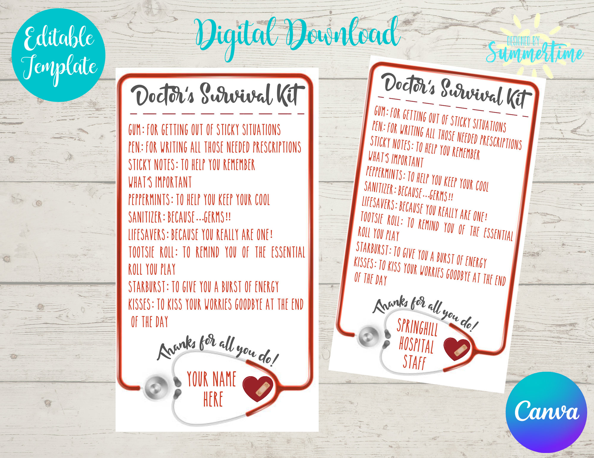 Editable Doctor Survival Kit Tag , Doctor Appreciation , Printable ...