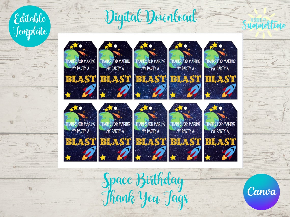 Editable Space Birthday Thank You Gift Tags, Space Birthday Theme Party ...