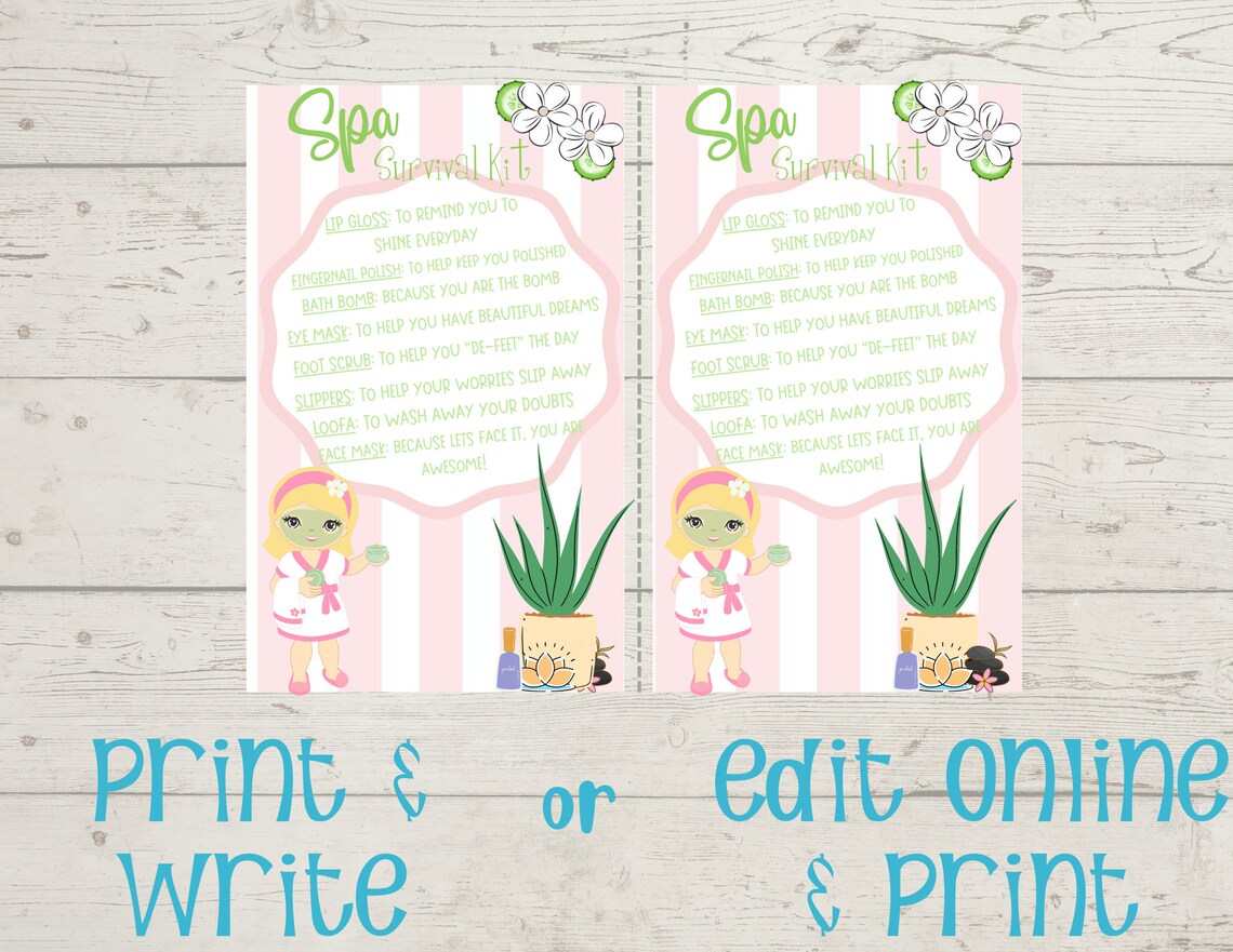 Editable Spa Day Survival Kit Tag , Spa Day , Spa , Survival Kit, Gift ...
