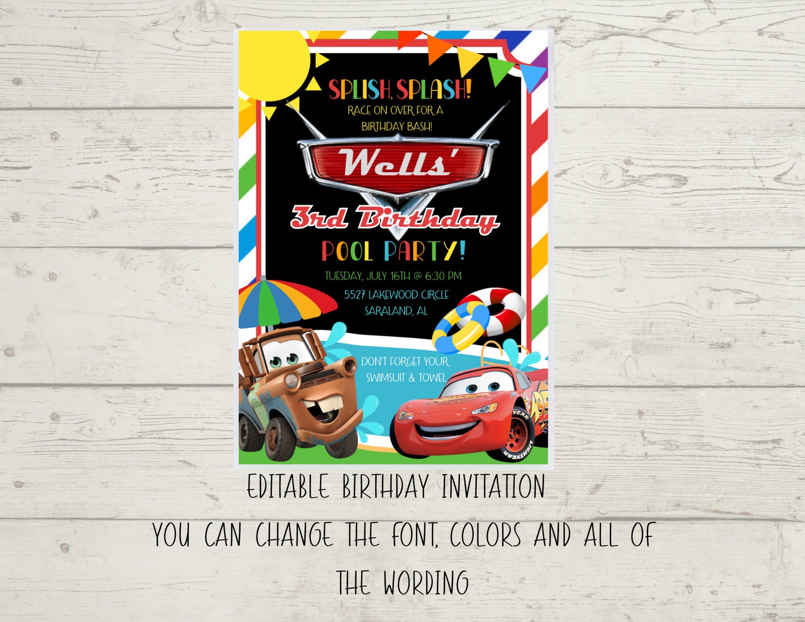 Editable Cars Birthday Invitation, Cars Theme Party, Pool Party Theme ...