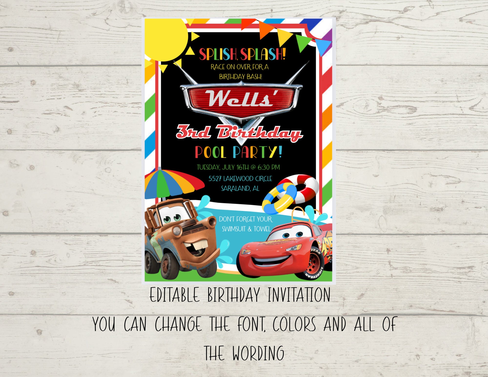 Editable Cars Birthday Invitation, Cars Theme Party, Pool Party Theme ...