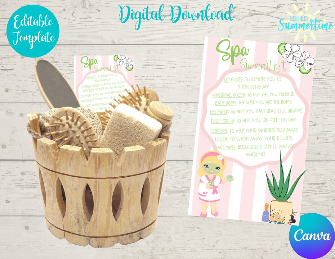 Editable Spa Day Survival Kit Tag , Spa Day , Spa , Survival Kit, Gift ...