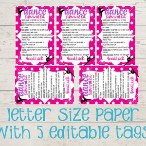 Editable Dancer Survival Kit Tag , Dance Competition , Printable, Candy ...