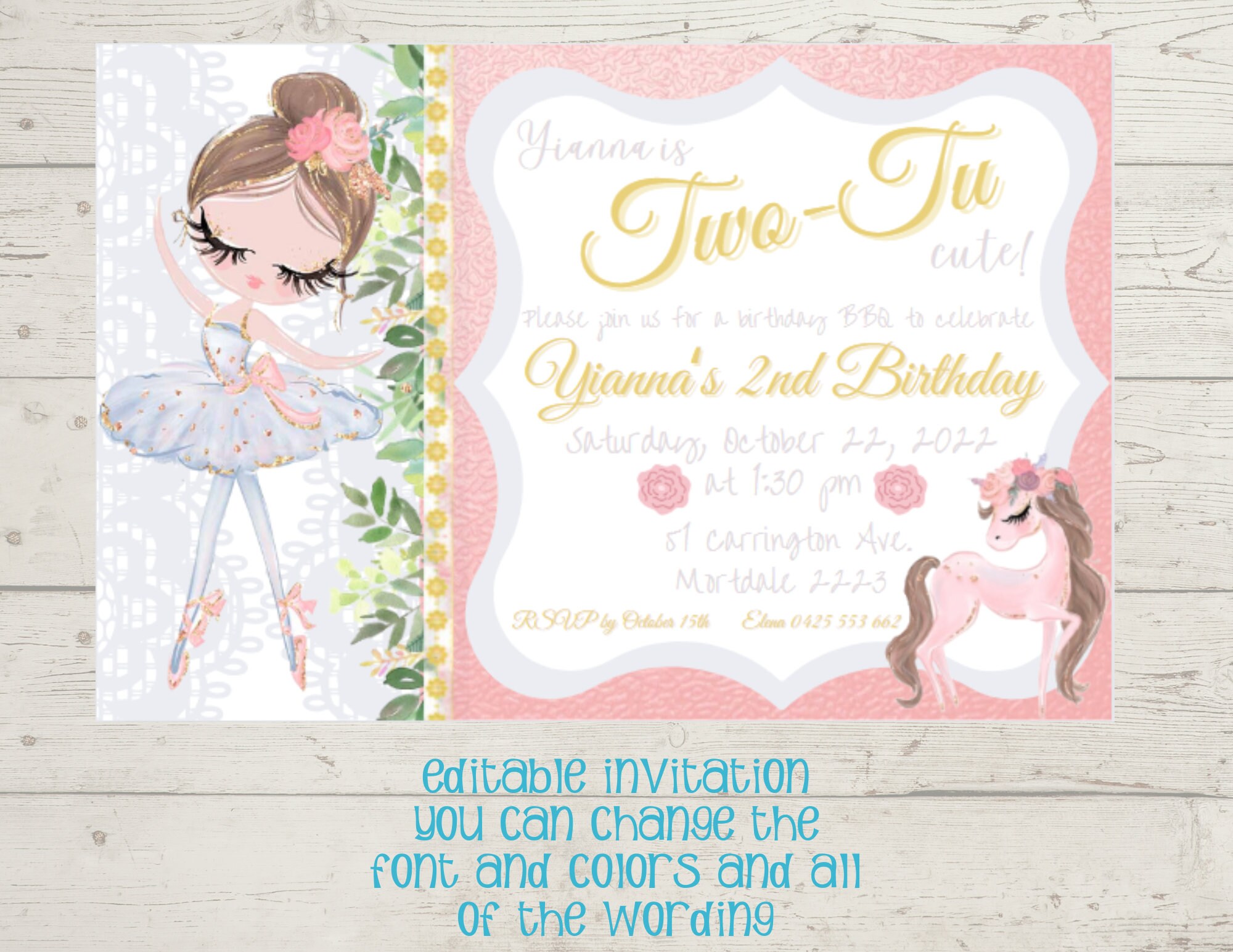 Editable Two-tu Cute Birthday Party Invitation, Two-tu Cute Invitation ...