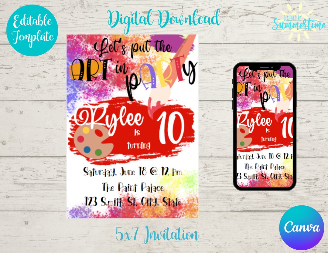 Editable Paint Party Digital Birthday Invitation, Paint Party Theme ...