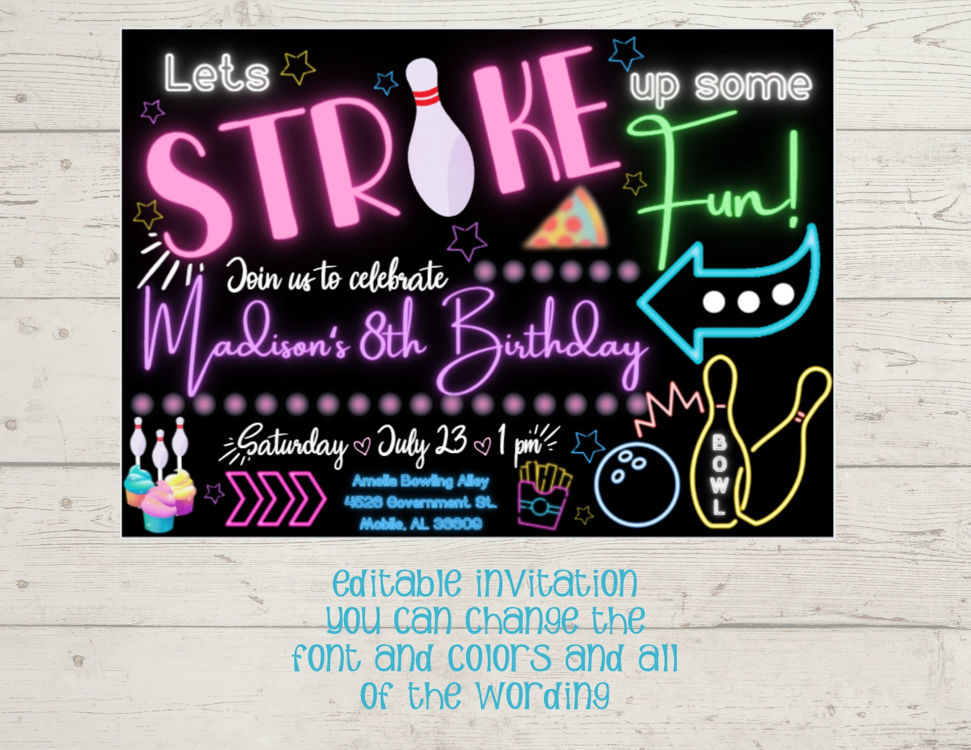 Editable Bowling Birthday Party Invitation, Strike up Some Fun Party ...