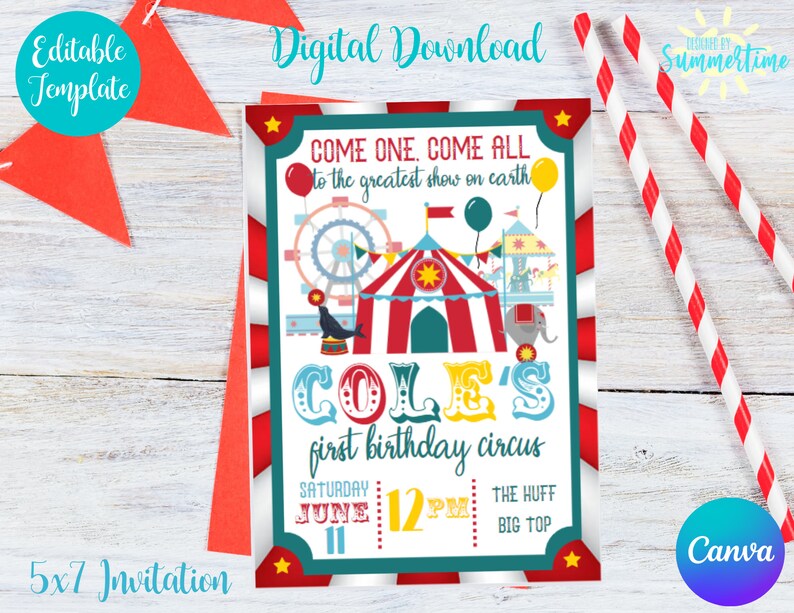 Editable Circus Birthday Invitation, Carnival Theme Party, Circus ...