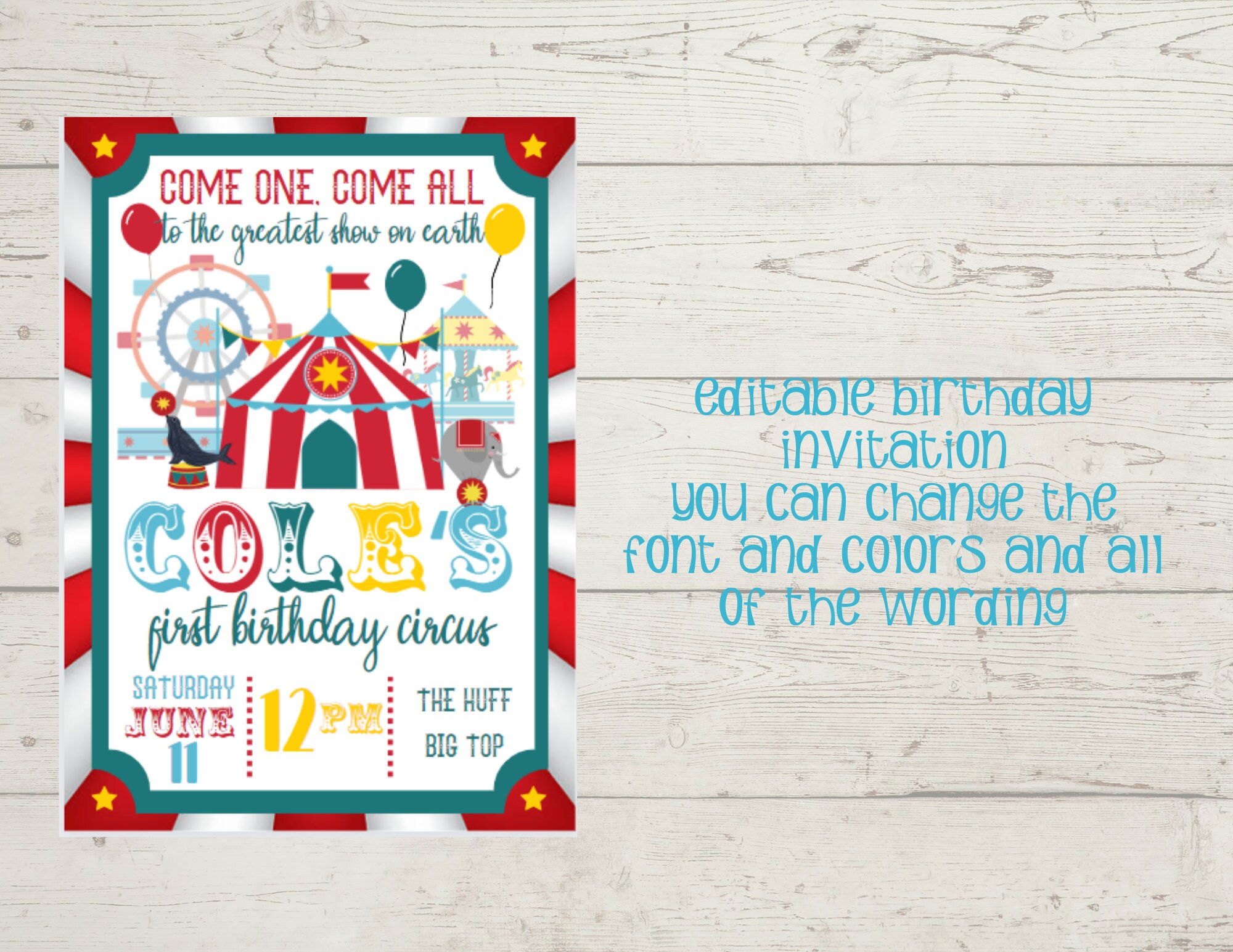 Editable Circus Birthday Invitation, Carnival Theme Party, Circus ...