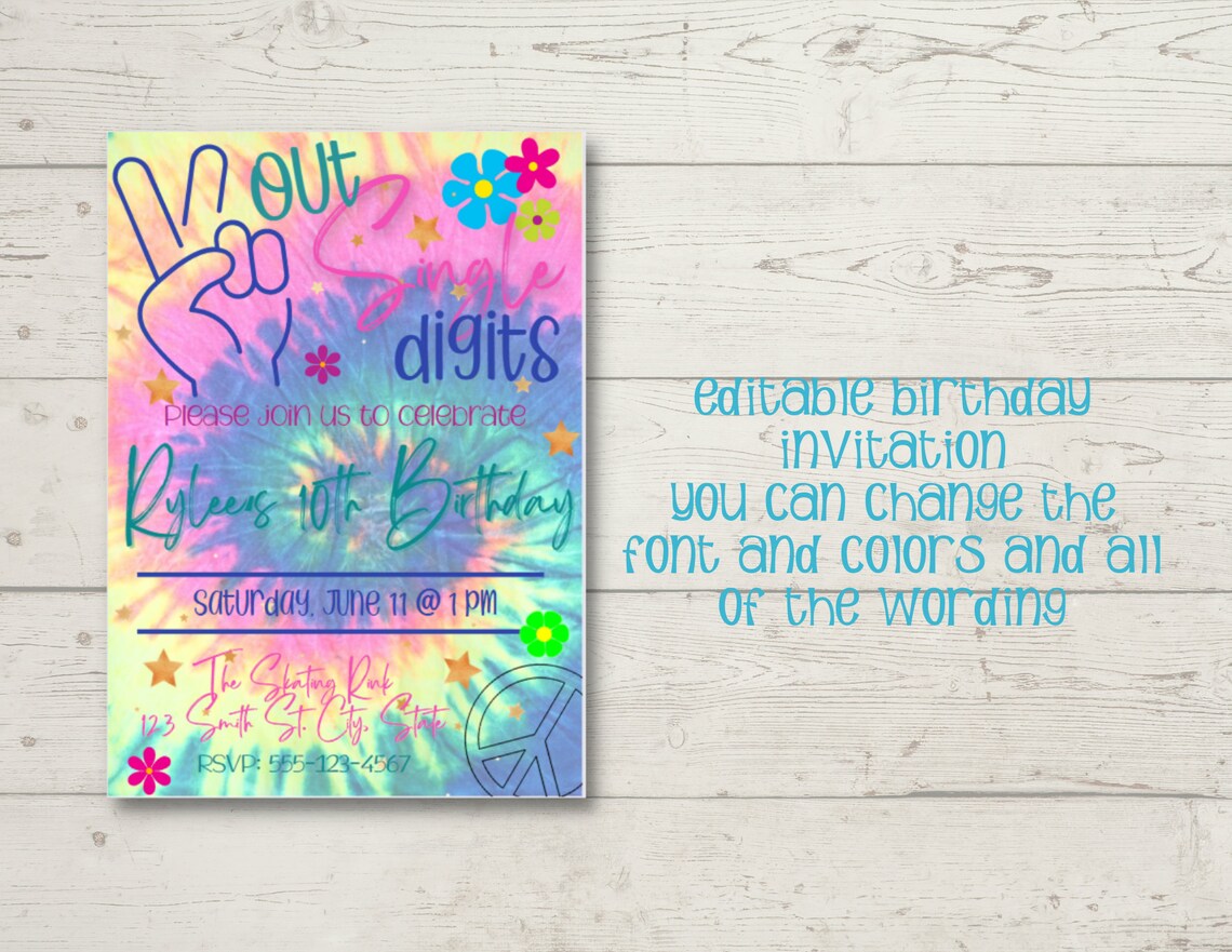 Editable Peace Out Single Digits Digital Birthday Invitation, Tie Dye ...