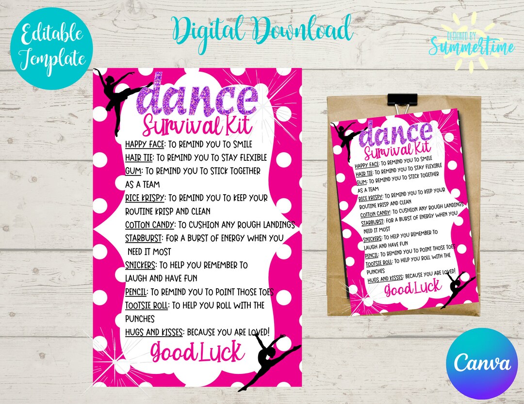 Editable Dancer Survival Kit Tag , Dance Competition , Printable, Candy ...