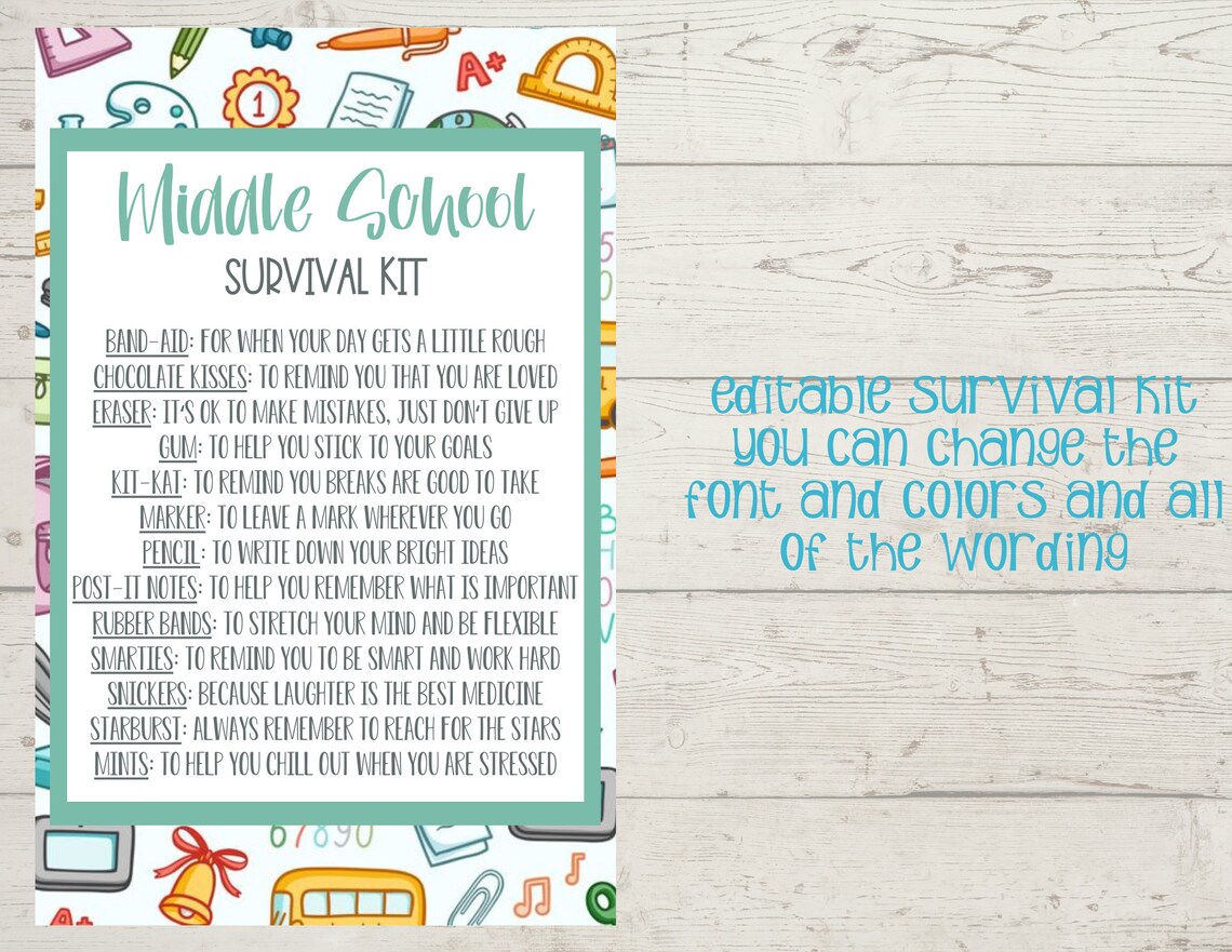 Editable Middle School Survival Kit Tag , Printable Digital Gift Tag ...