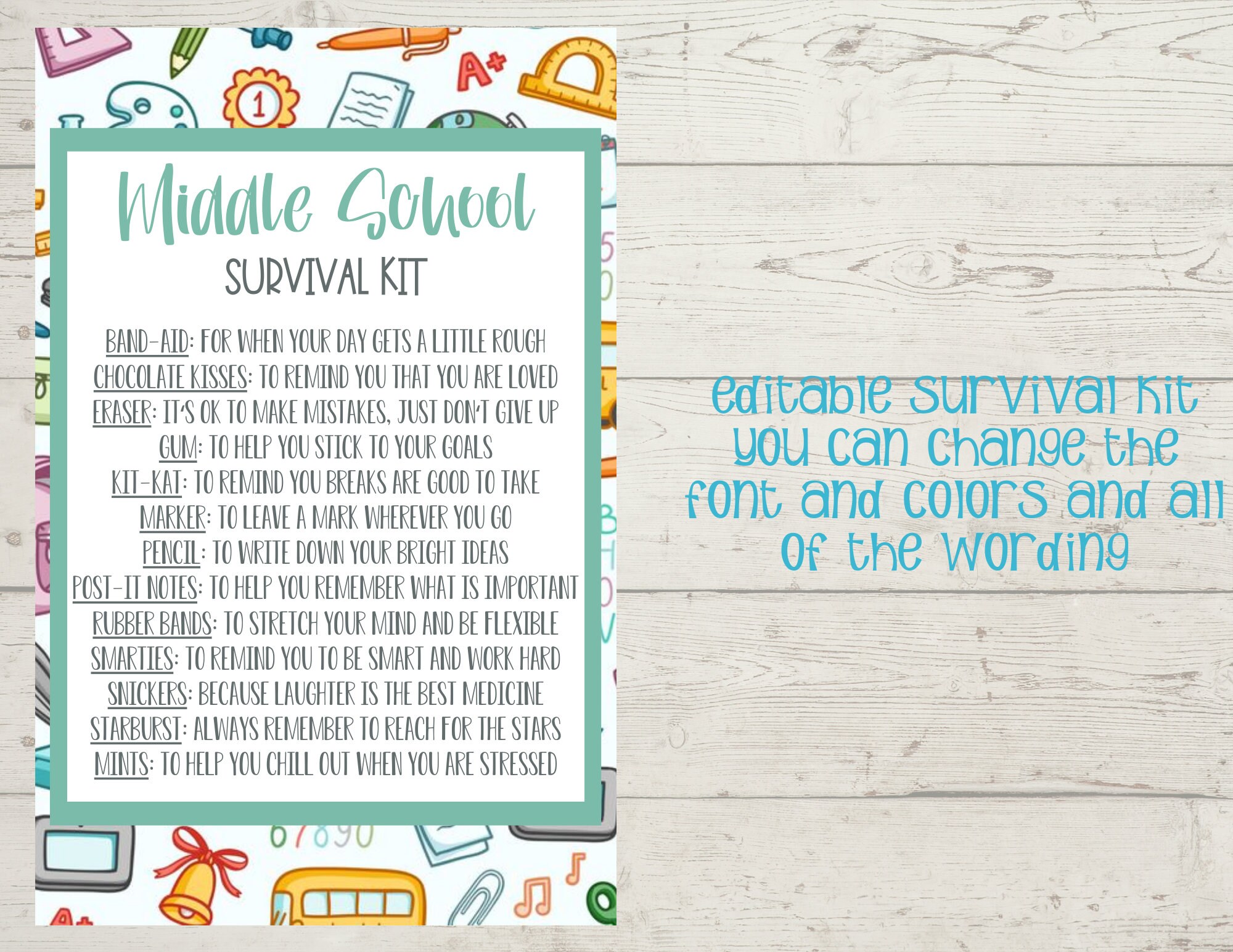 Editable Middle School Survival Kit Tag , Printable Digital Gift Tag ...