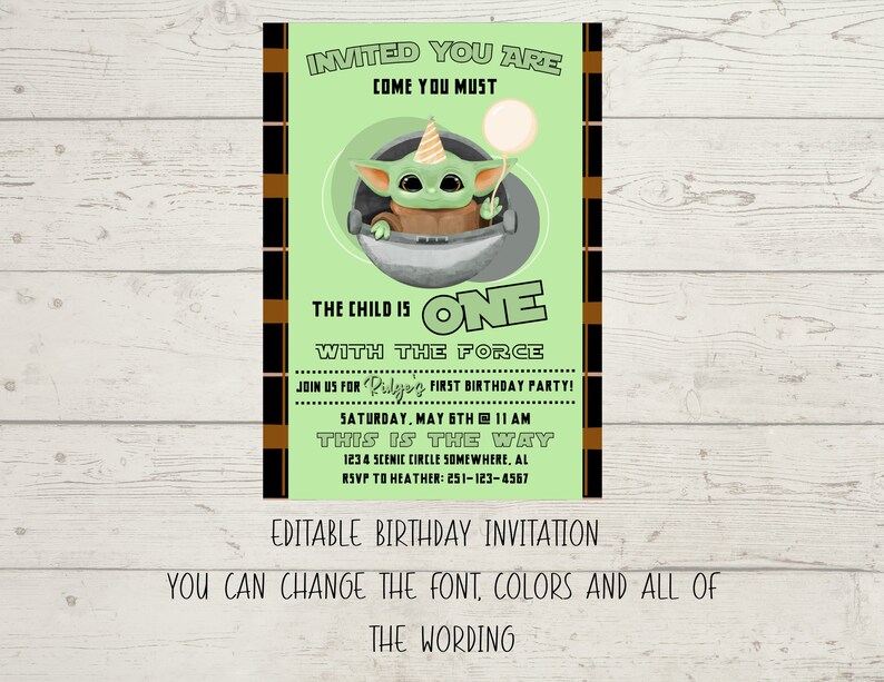 Editable Baby Yoda Birthday Invitation, Baby Yoda Theme Party, First ...