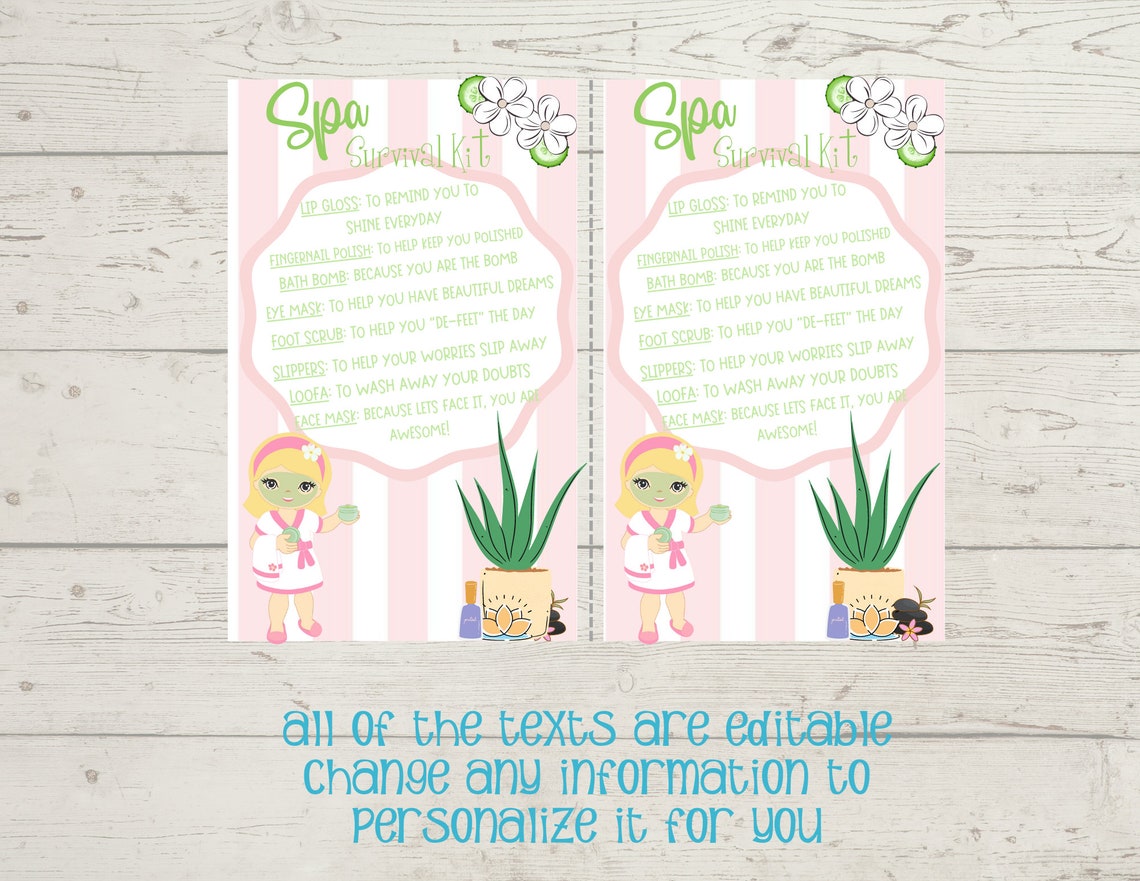Editable Spa Day Survival Kit Tag , Spa Day , Spa , Survival Kit, Gift ...