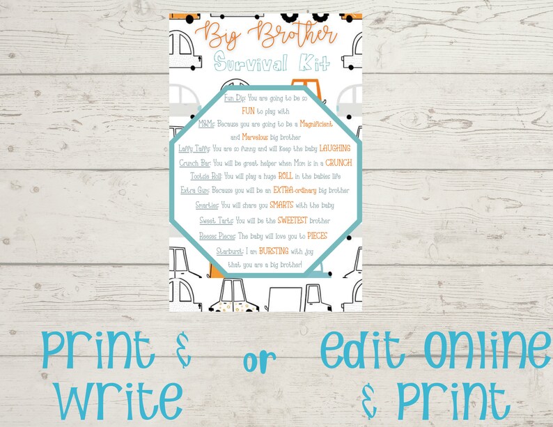 Editable Big Brother Survival Kit Tag , Big Brother , Sibling Survival ...