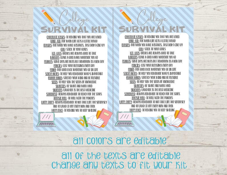 Editable College Survival Kit Tag , Printable Digital Gift Tag, Candy ...