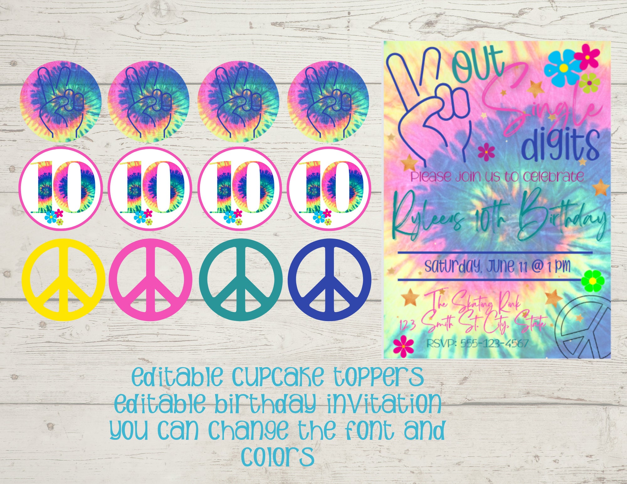 Editable Peace Out Birthday Bundle Invitation and Cupcake Toppers, Tie ...