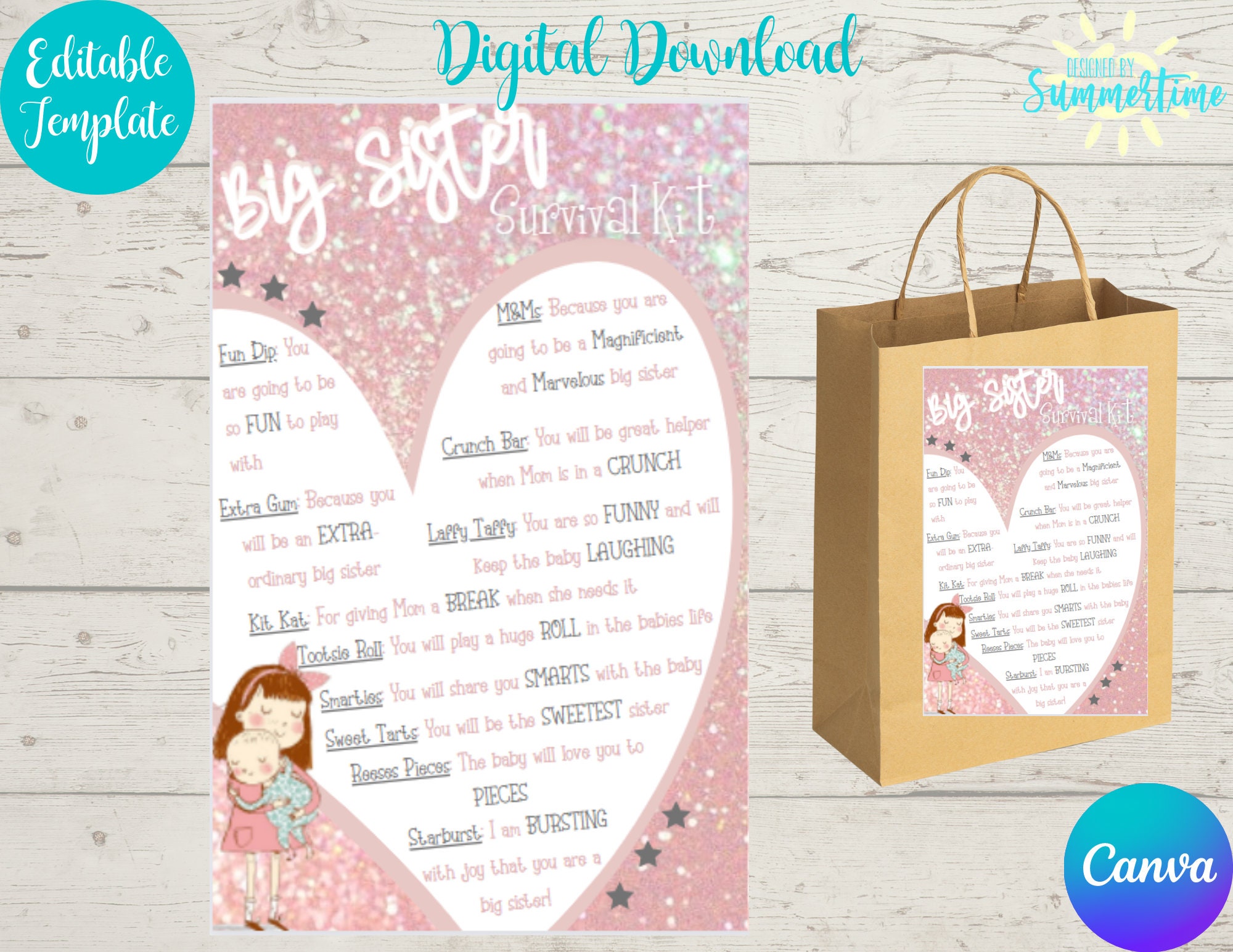 Editable Big Sister Survival Kit Tag , Big Sister , Sibling Survival ...