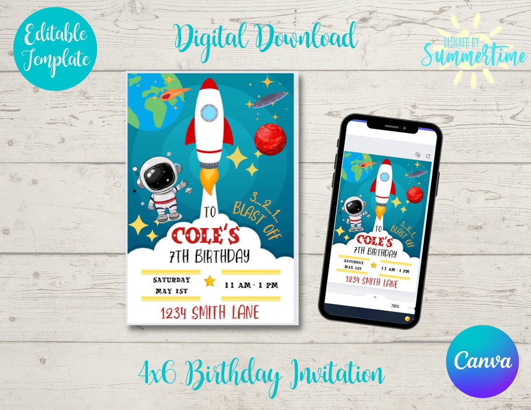 Editable Space Birthday Invitation, Boy Space Birthday Theme Party ...