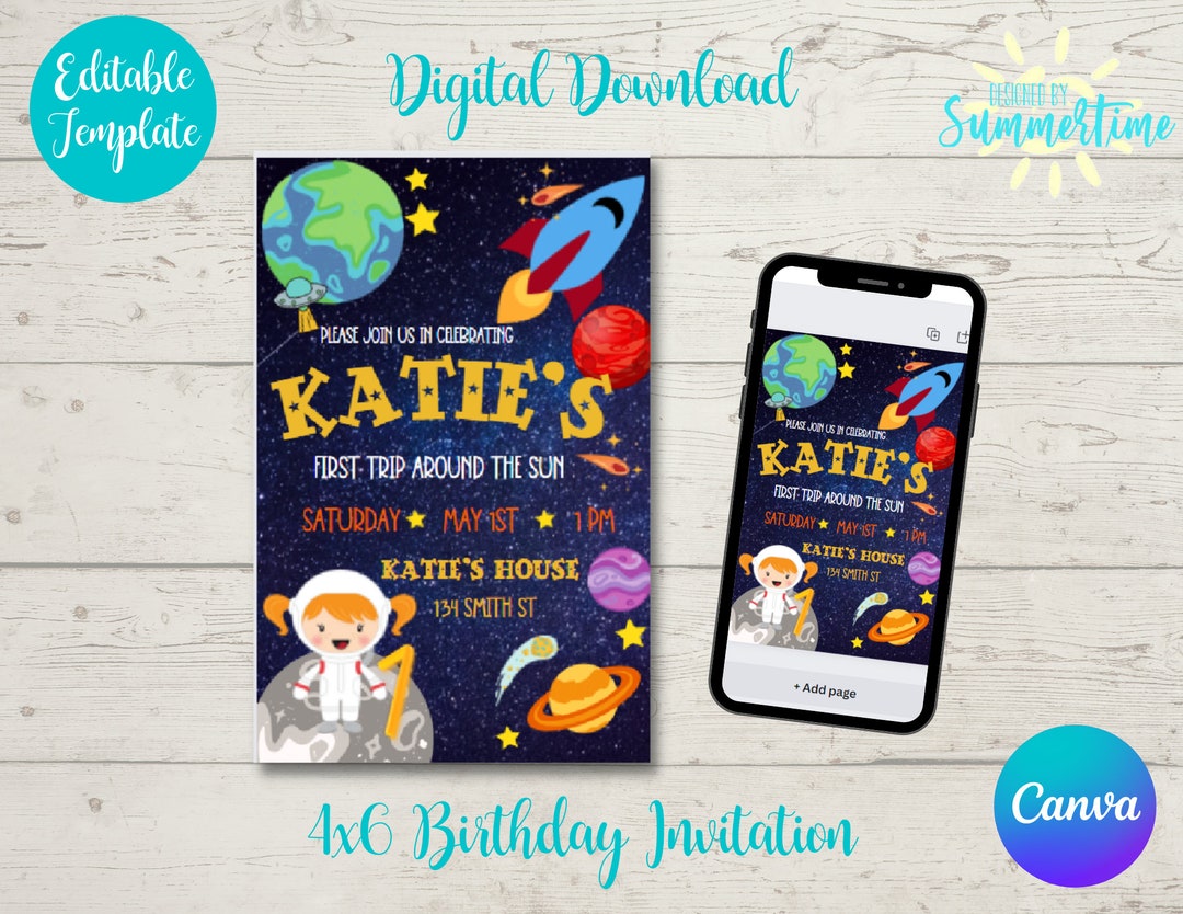 Editable Space Birthday Invitation , Space Birthday Theme Party, First ...