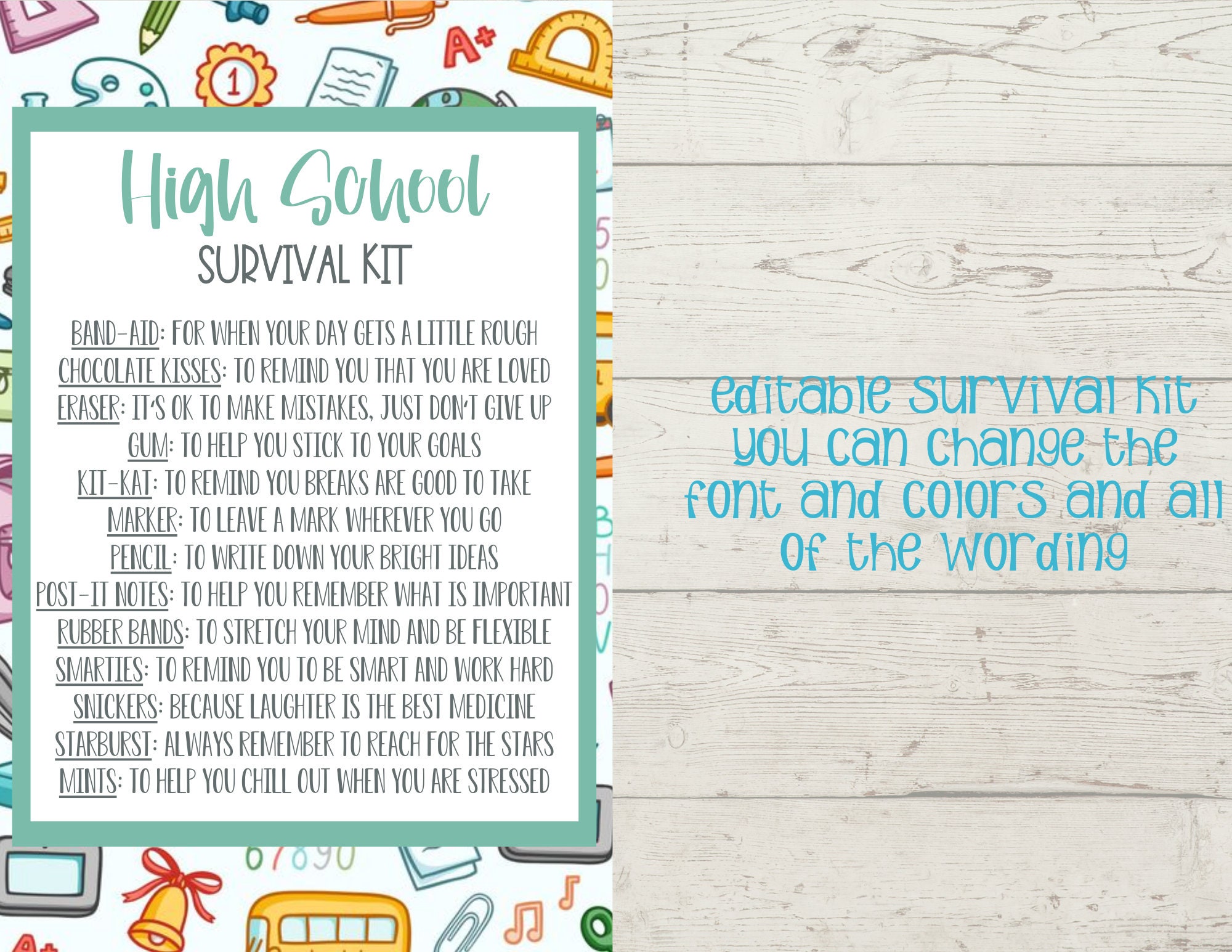 Editable High School Survival Kit Tag , Printable Digital Gift Tag ...
