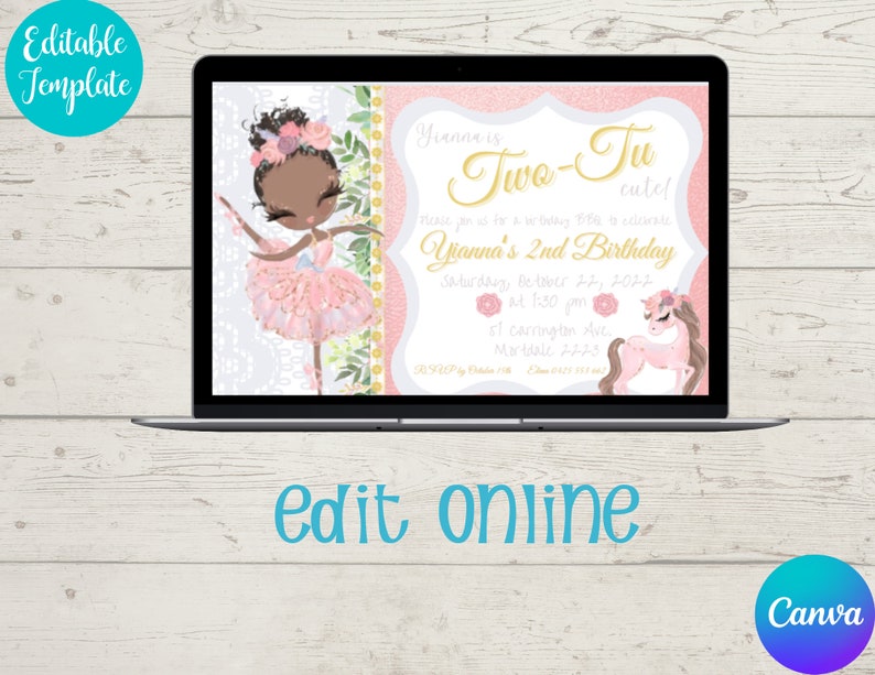 Editable Two-tu Cute Birthday Party Invitation, Two-tu Cute Invitation ...