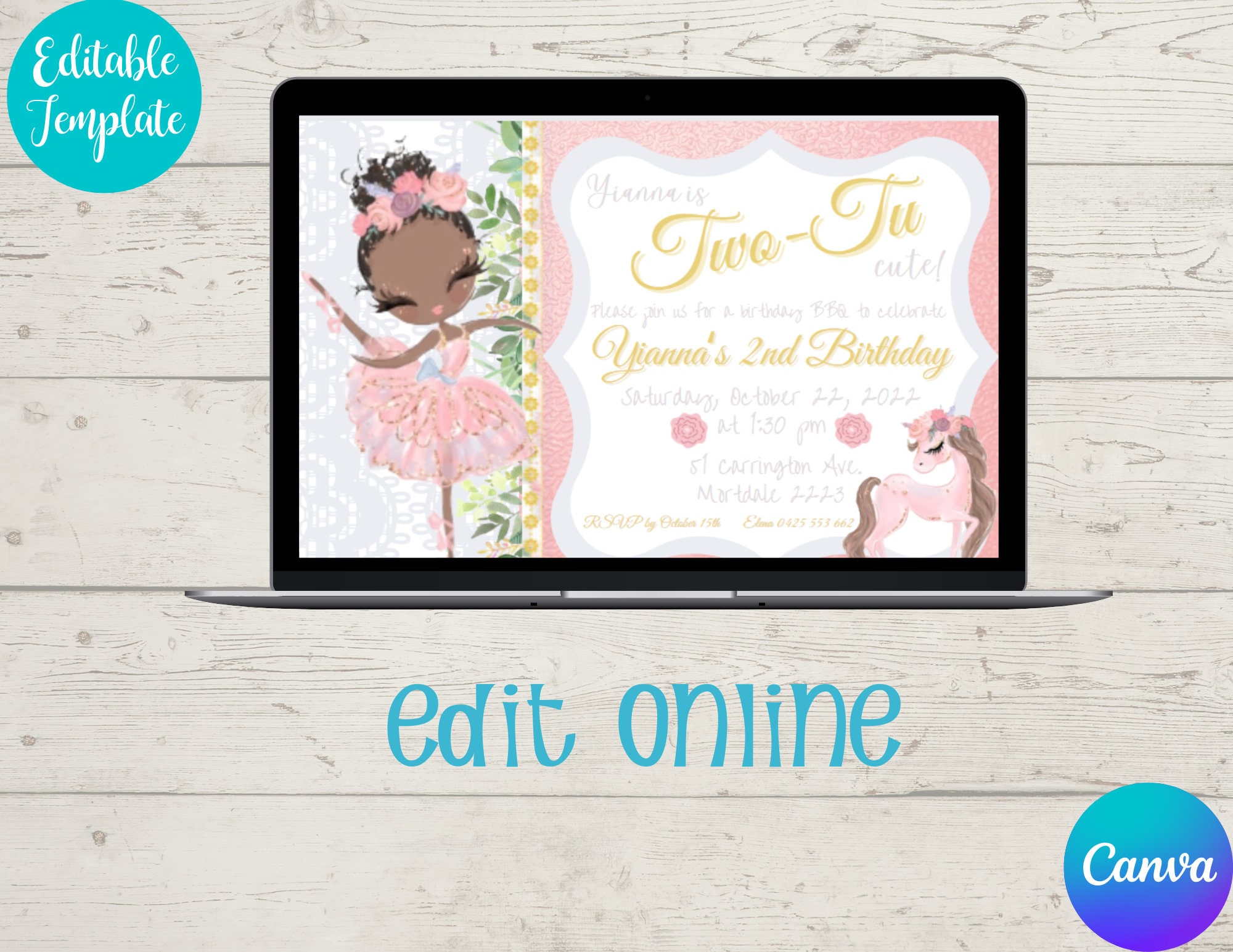 Editable Two-tu Cute Birthday Party Invitation, Two-tu Cute Invitation ...