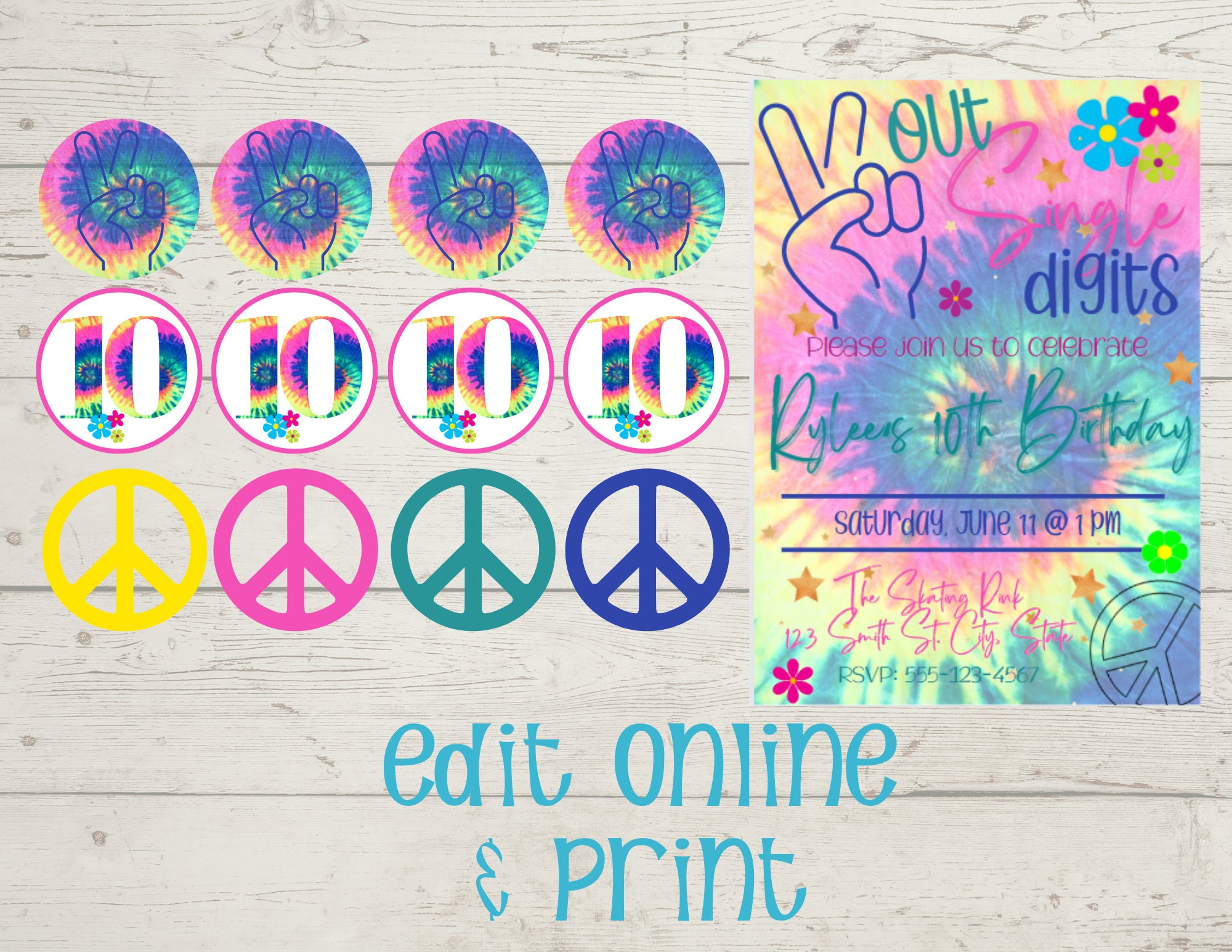 Editable Peace Out Birthday Bundle Invitation and Cupcake Toppers, Tie ...