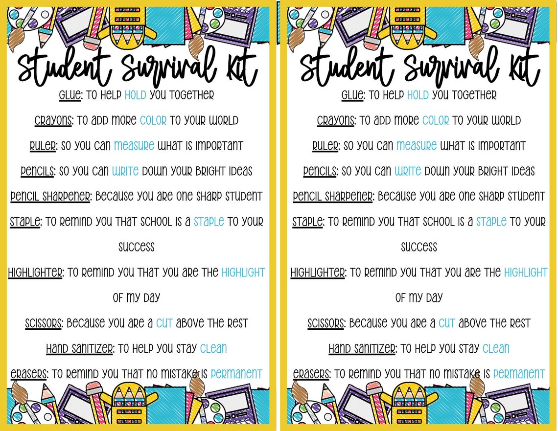 Editable Student Survival Kit Tag, Printable Digital Gift Tag, Candy ...