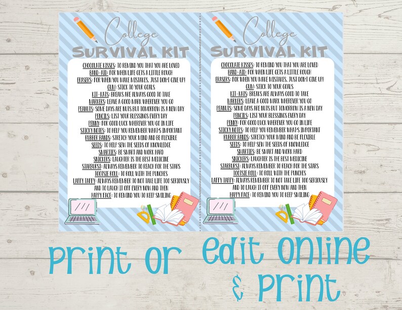 Editable College Survival Kit Tag , Printable Digital Gift Tag, Candy ...