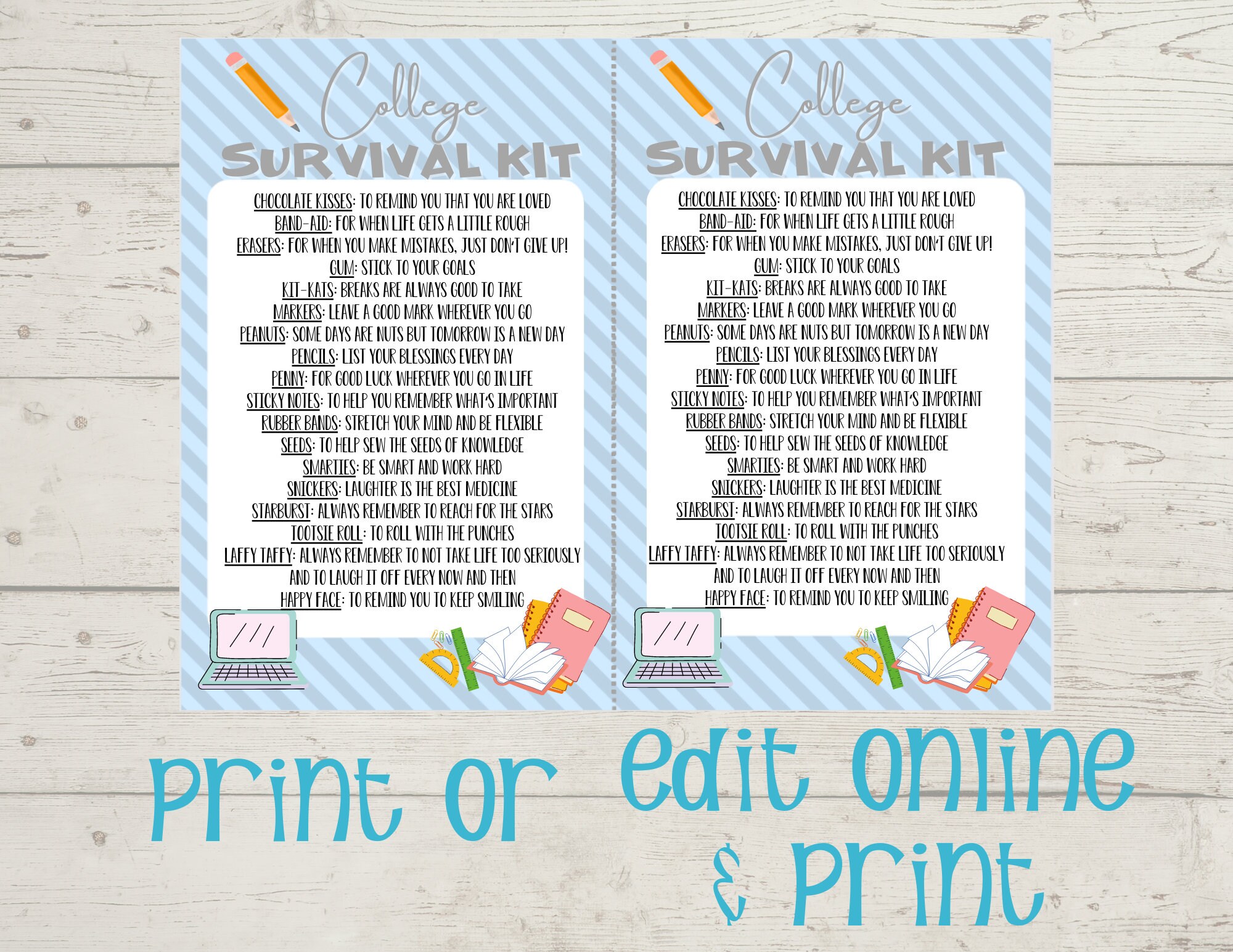 Editable College Survival Kit Tag , Printable Digital Gift Tag, Candy ...
