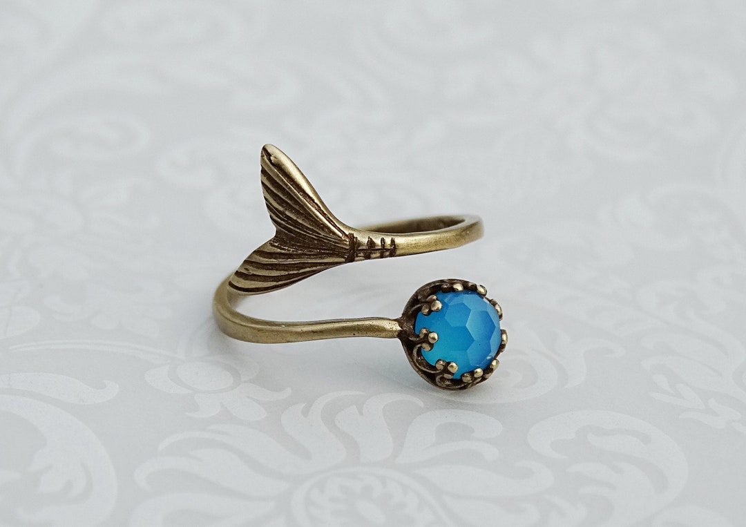 Blue Agate Mermaid Tail Solitaire Ring, Blue Agate Beach Wedding Ring ...