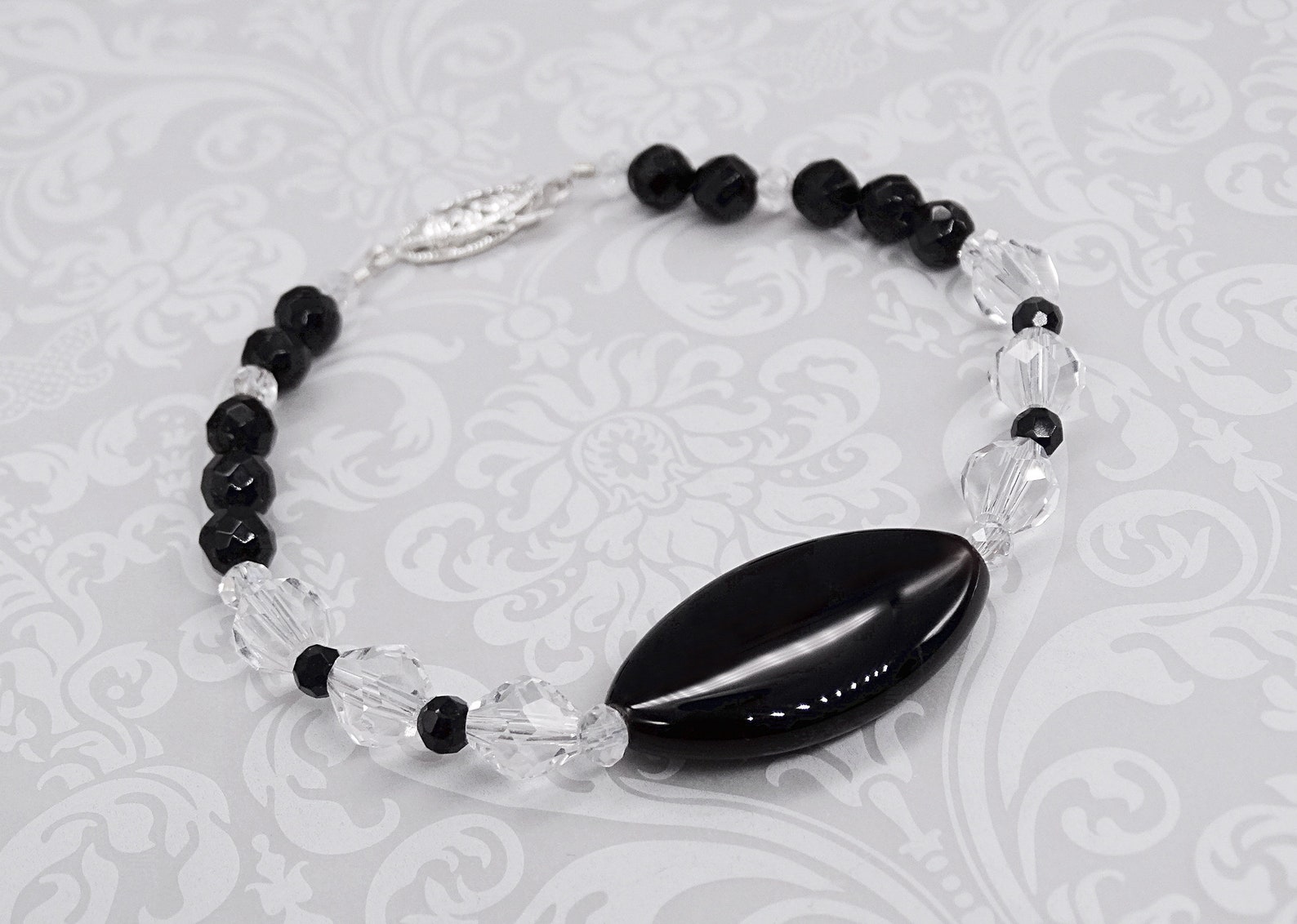 Black Onyx and Crystal Bracelet, Onyx Gemstone Bracelet, Black Stone ...