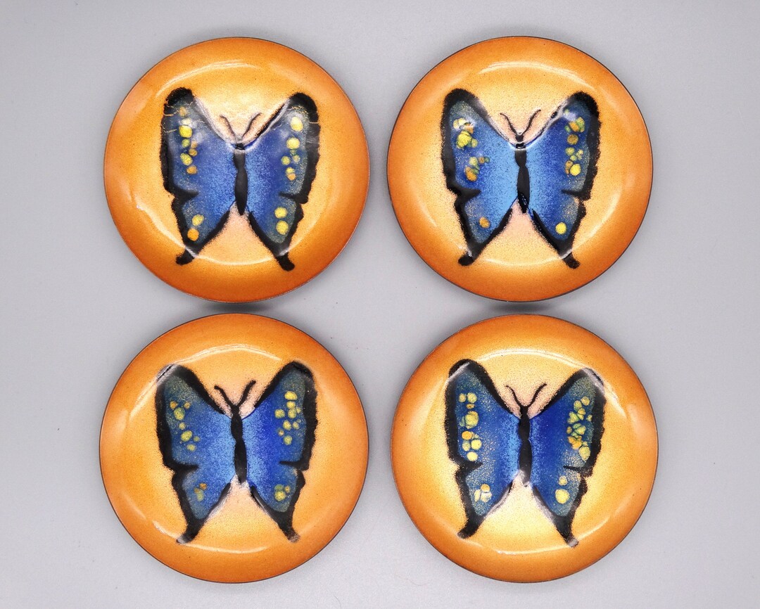 Blue Enamel Butterfly Bovano Coaster Set of 4, Vintage Bovano Blue ...