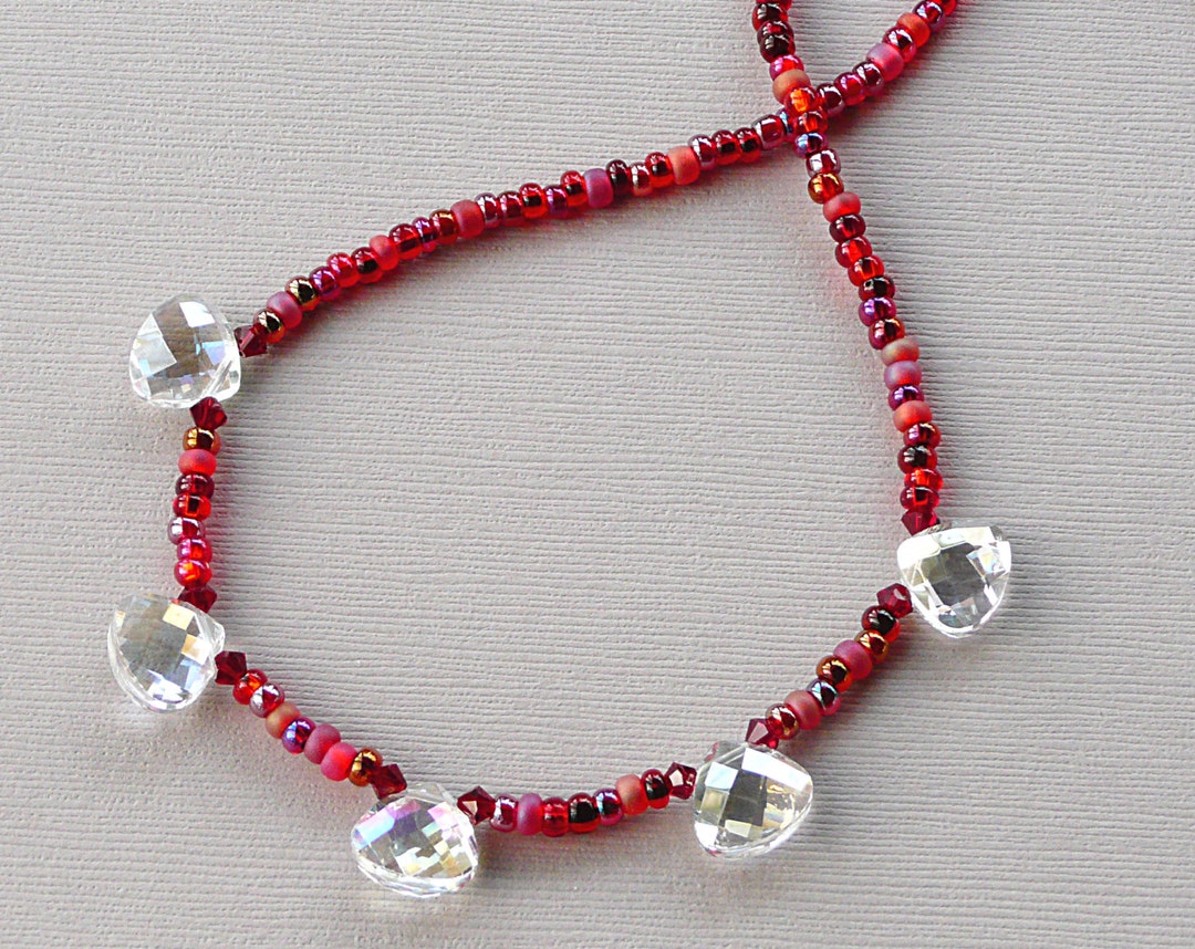 Teardrop Crystal and Red Beaded Necklace, Red Holiday Jewelry, Clear ...