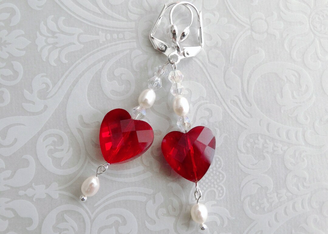 White Pearl & Red Heart Crystal Dangle Earrings, Crystal Red Heart and ...