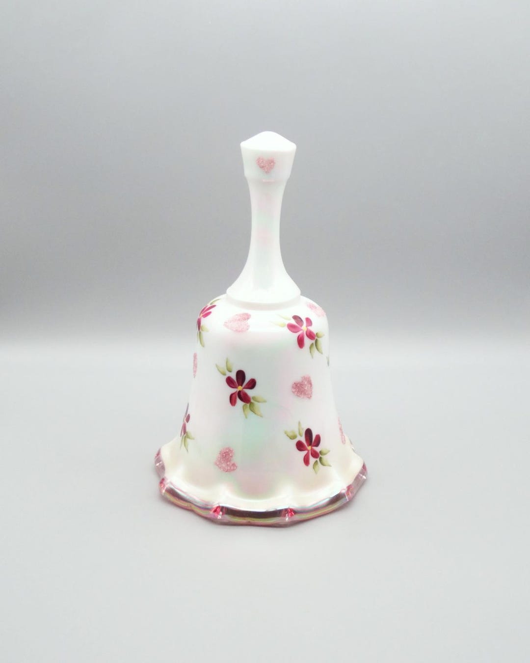 Fenton White Opalescent Hearts & Flowers Empress Rose Crest Bell ...