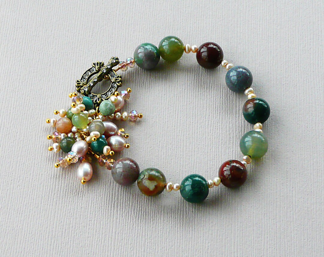 Fancy Jasper & Ivory Pearl Cluster Bracelet, Gemstone Beaded Charm ...